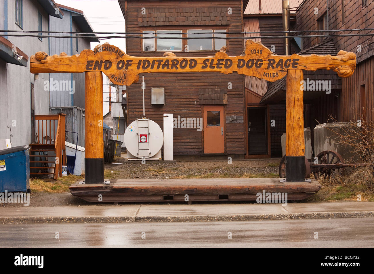 IDITAROD FINISH LINE MARKER ON SIDE OF FRONT STREET NOME ALASKA Stock ...