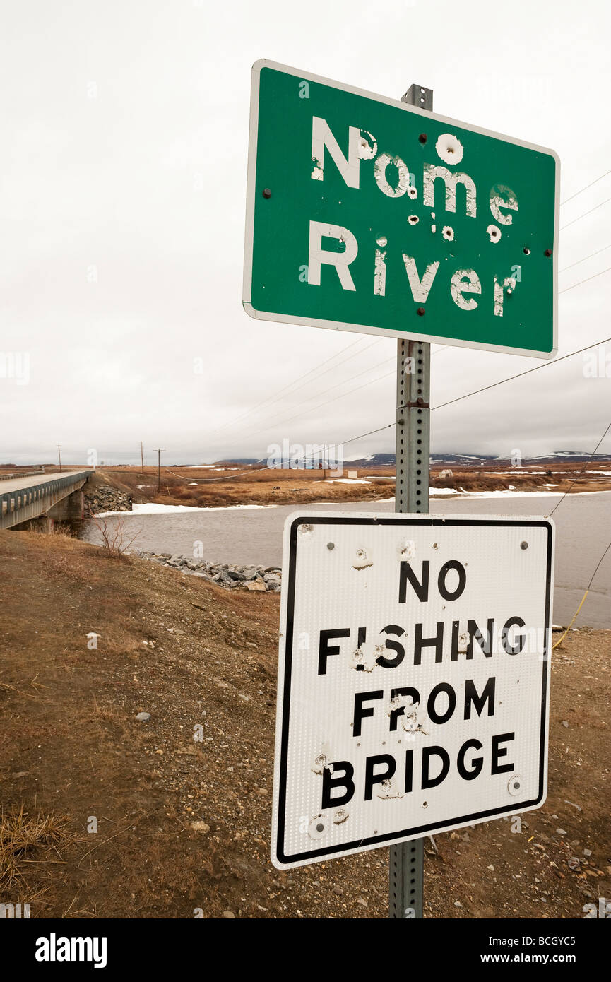 A SHOT UP SIGN MARKING THE NOME RIVER Stock Photo - Alamy