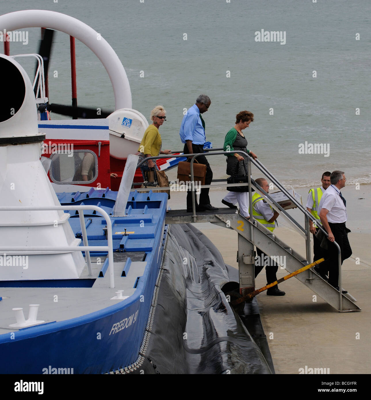 Passengers disembarking a hovercraft of the Hovertravel company at Ryde ...