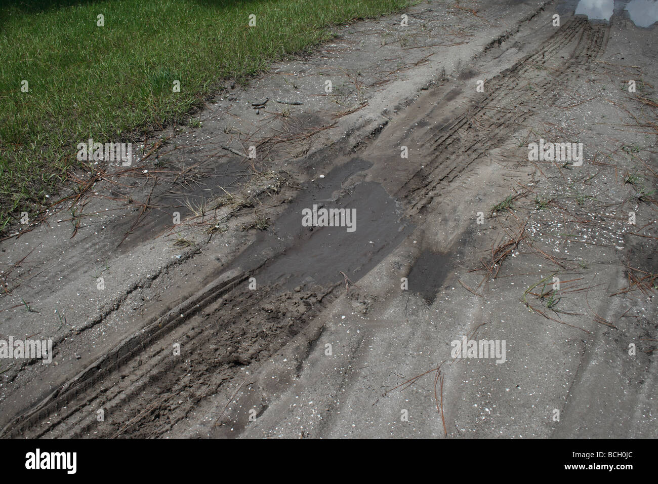 Evaporated puddle in dirt driveway with tire mark Stock Photo - Alamy