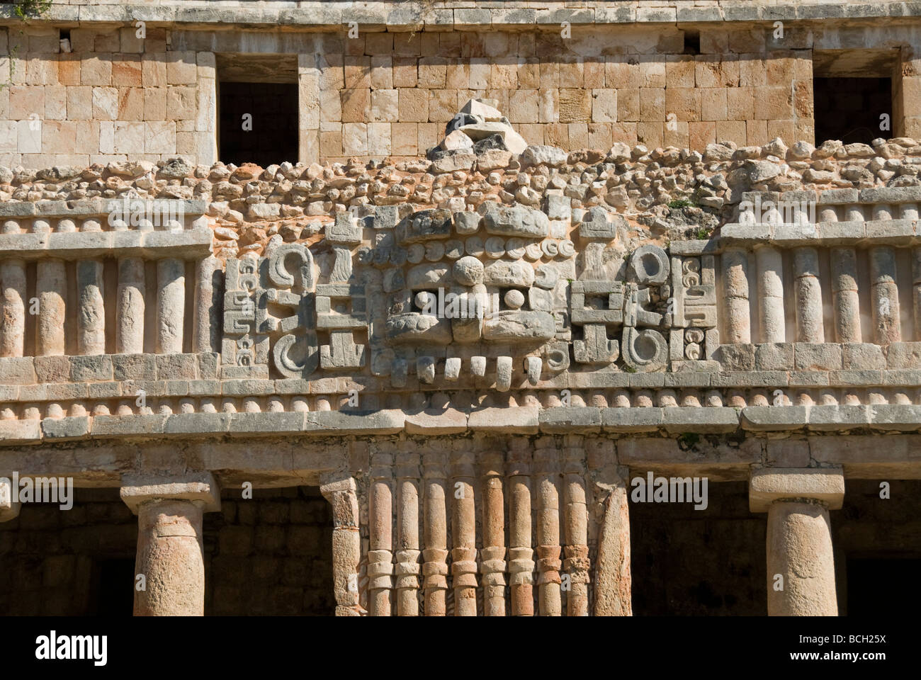 Mexico, Yucatan, Sayil, the Palace, a huge mask of Chac on facade Stock ...