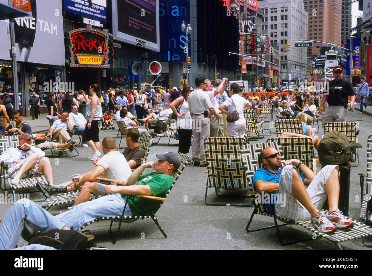 New York City Times Square and Broadway Pedestrian mall people relaxing ...