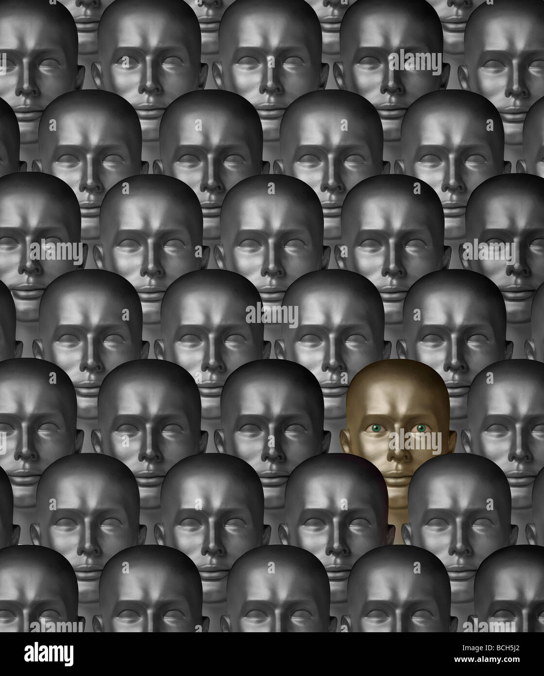 Rows of robot android heads one with human eyes Stock Photo - Alamy