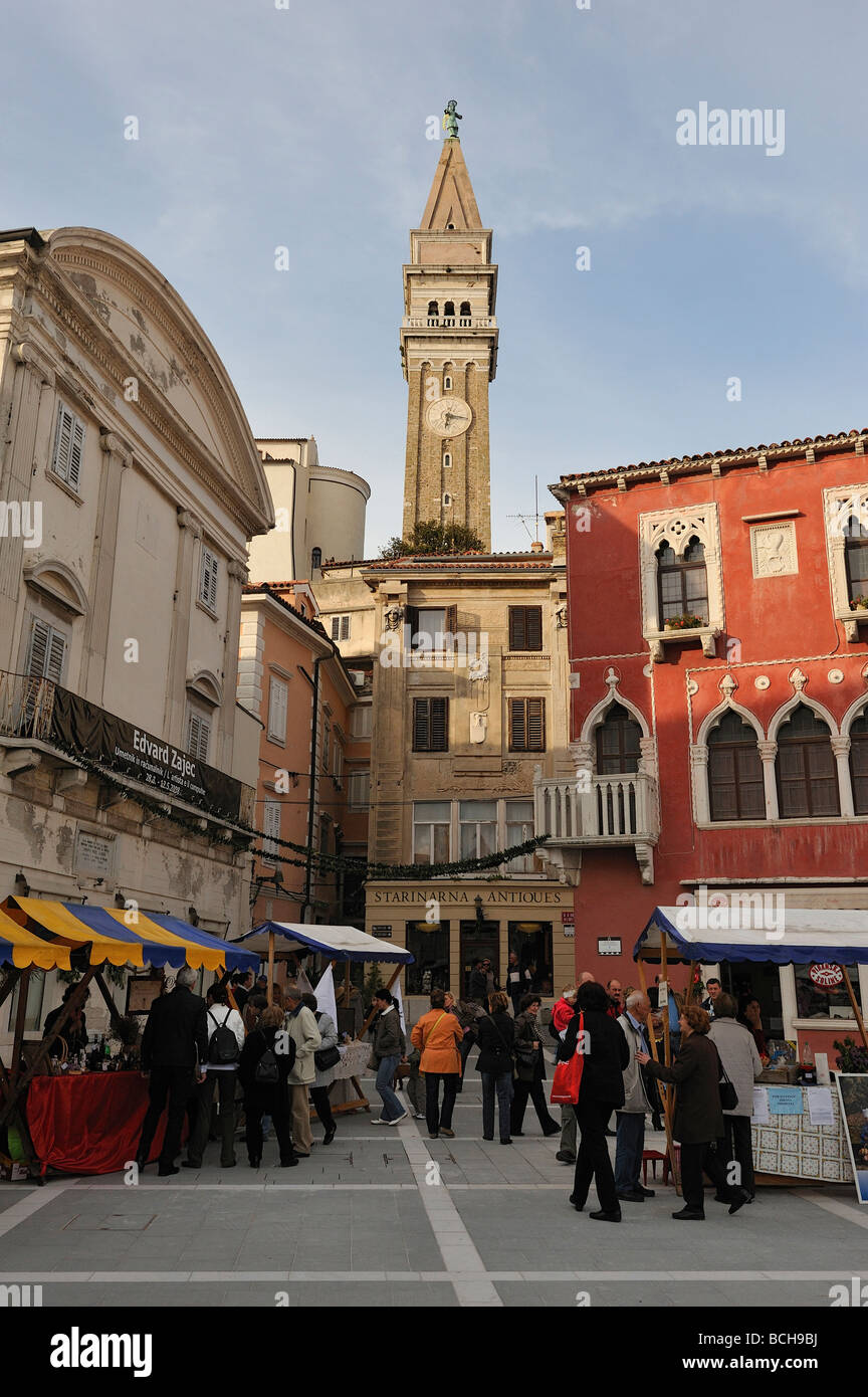 Tartini Square in Piran with Cathedral of Saint George Istria Adriatic ...