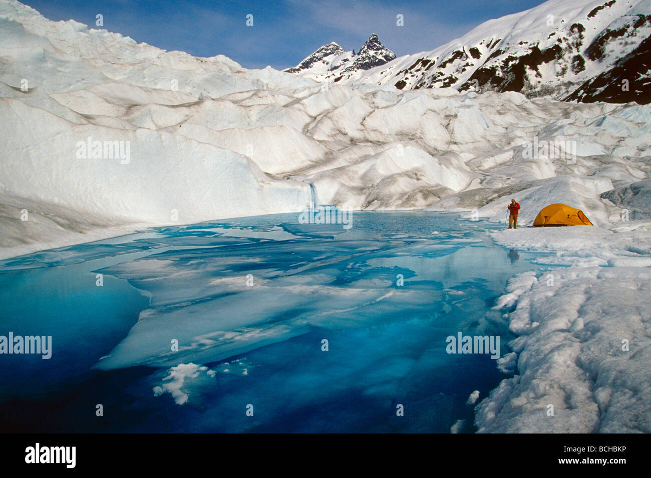Skier @ Tent Camping on Mendenhall Glacier Alaska SE Summer near Melt ...