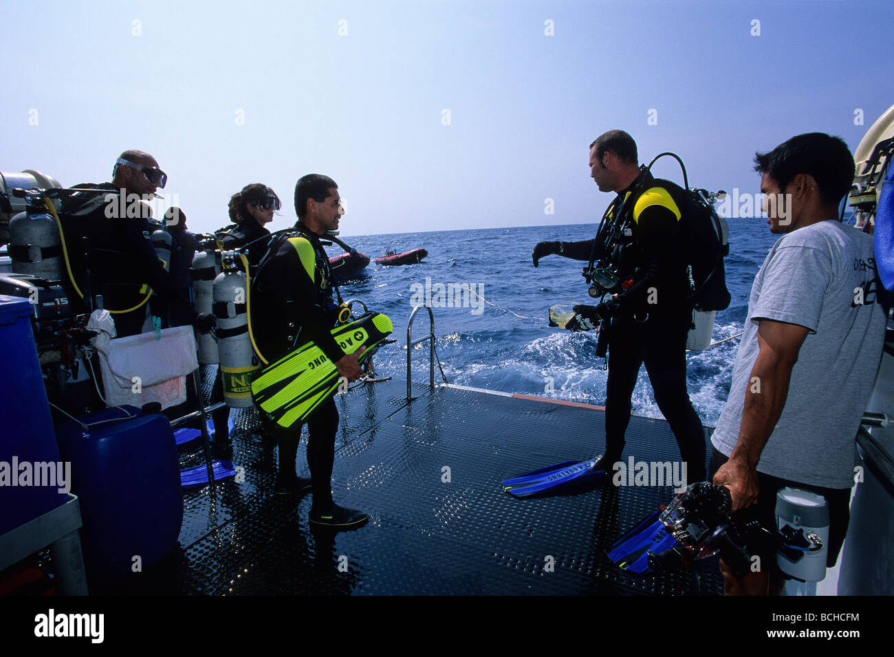 Diver getting ready on Stern Platform of Liveaboard Similan Islands ...