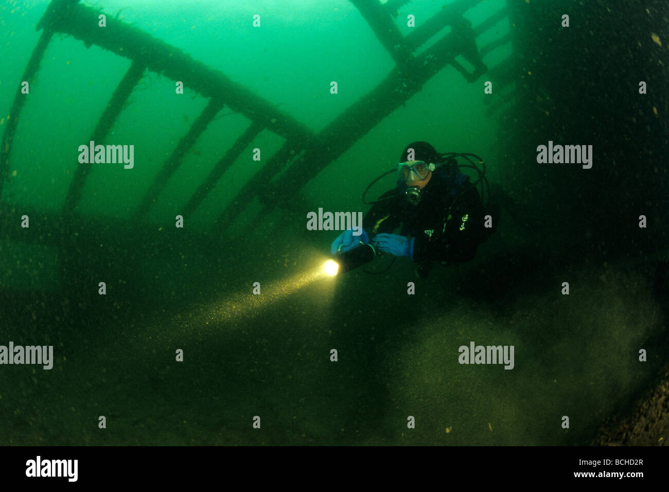 Diver exploring Milano I Wreck Steamer Boat built 1882 Lake Lugano ...