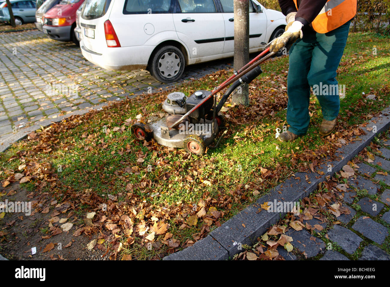 Worker mowing lawn with lawnmower Stock Photo - Alamy