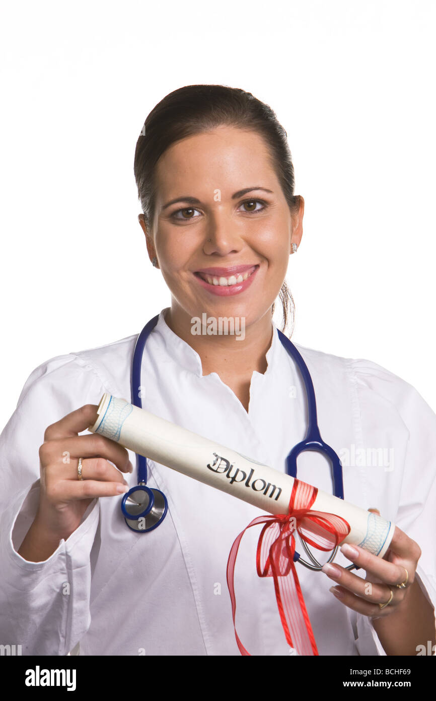 A young doctor makes training with diploma Stock Photo - Alamy