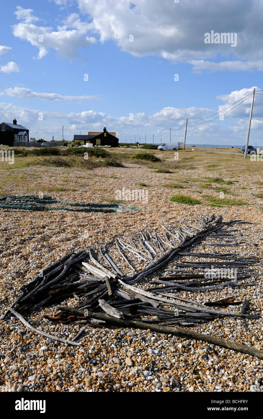 Wooden fishbone sculpture on Dungeness beach Kent,UK Stock Photo - Alamy