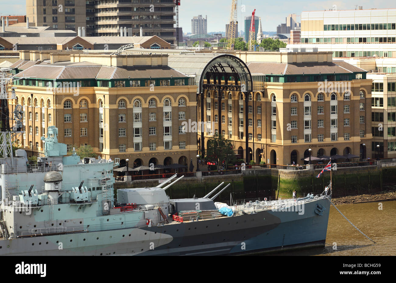 aerial view of river thames, HMS Belfast and Hays Galleria Stock Photo ...