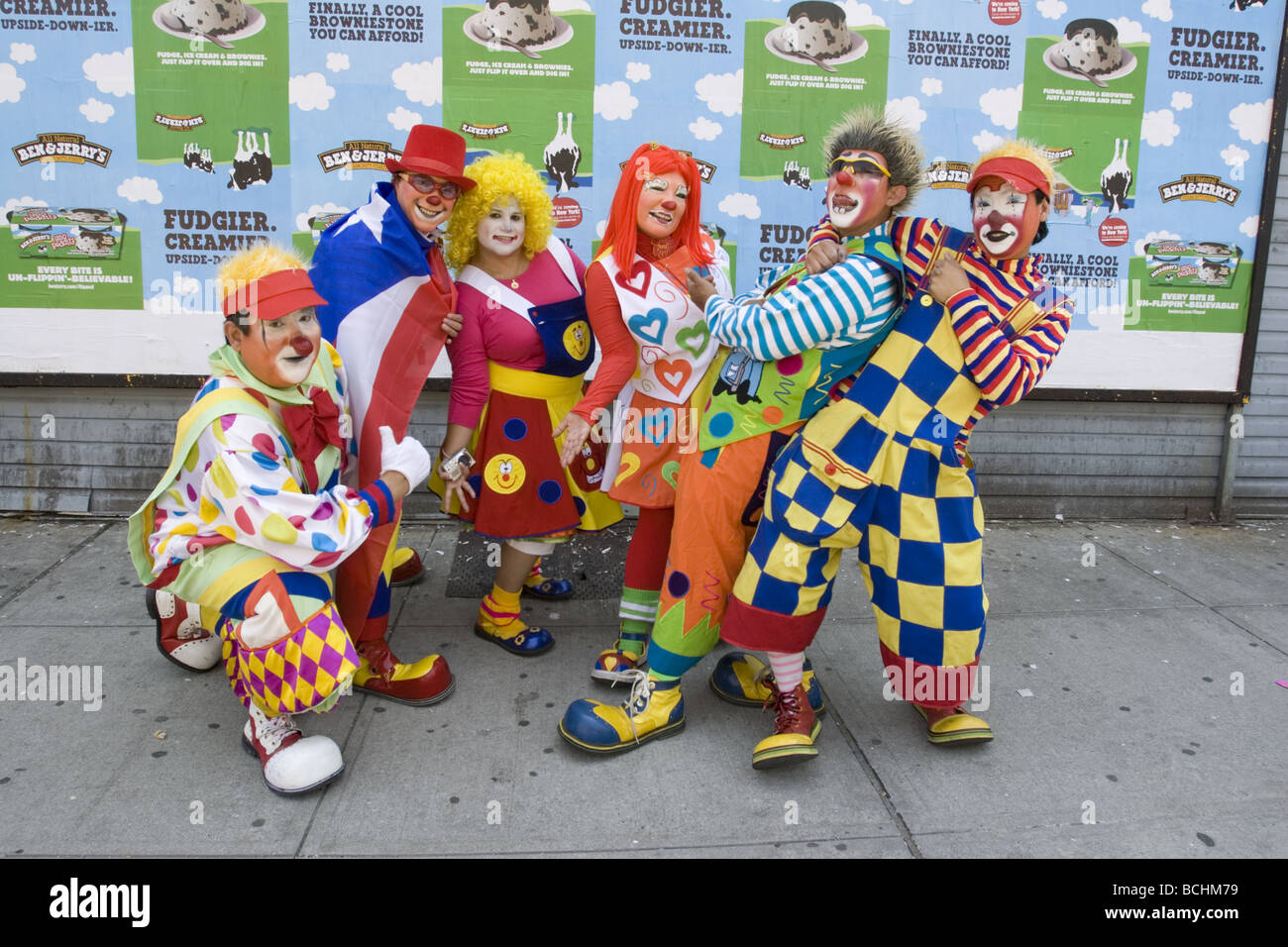 Troupe of clowns ready to march in the Brooklyn Puerto Rican Parade in ...