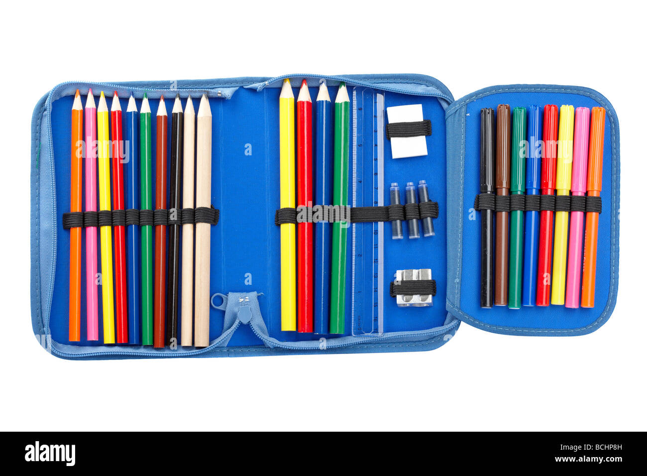 A blue pencil case isolated on white background Stock Photo - Alamy