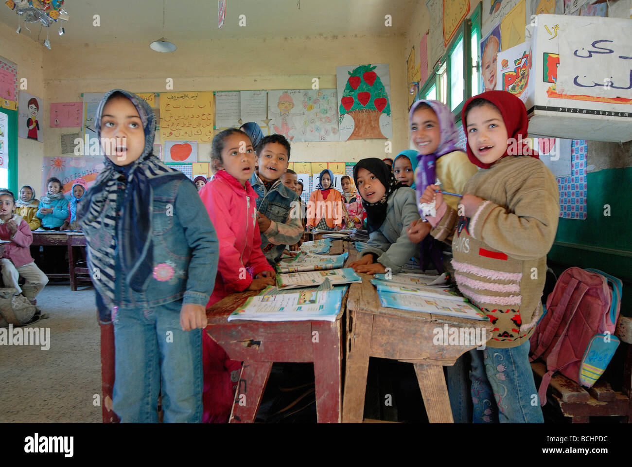 A crowded classroom at an elementary school in Sohag in Upper Egypt ...