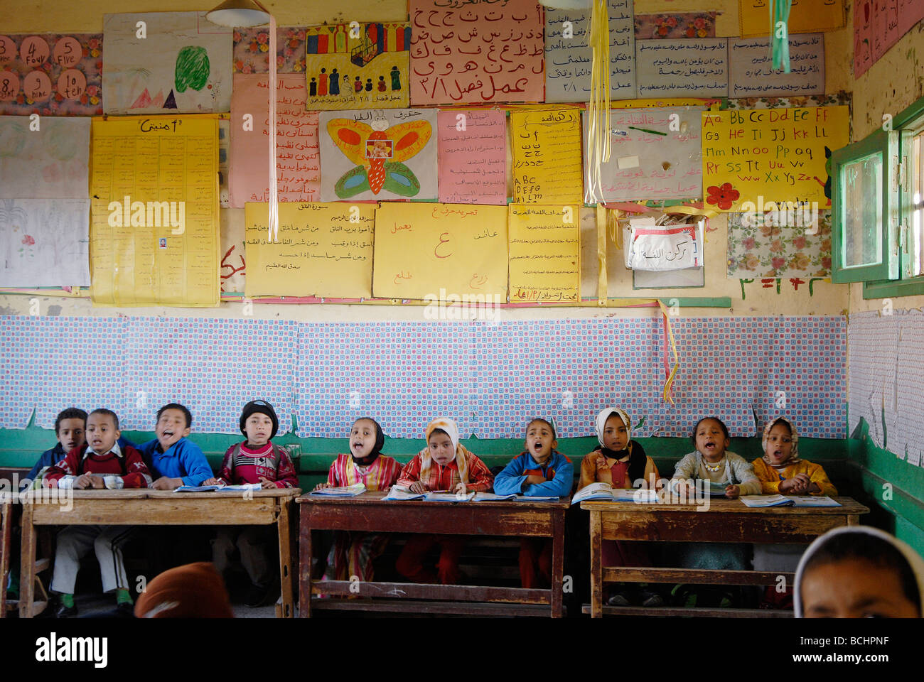 A crowded classroom at an elementary school in Sohag in Upper Egypt ...