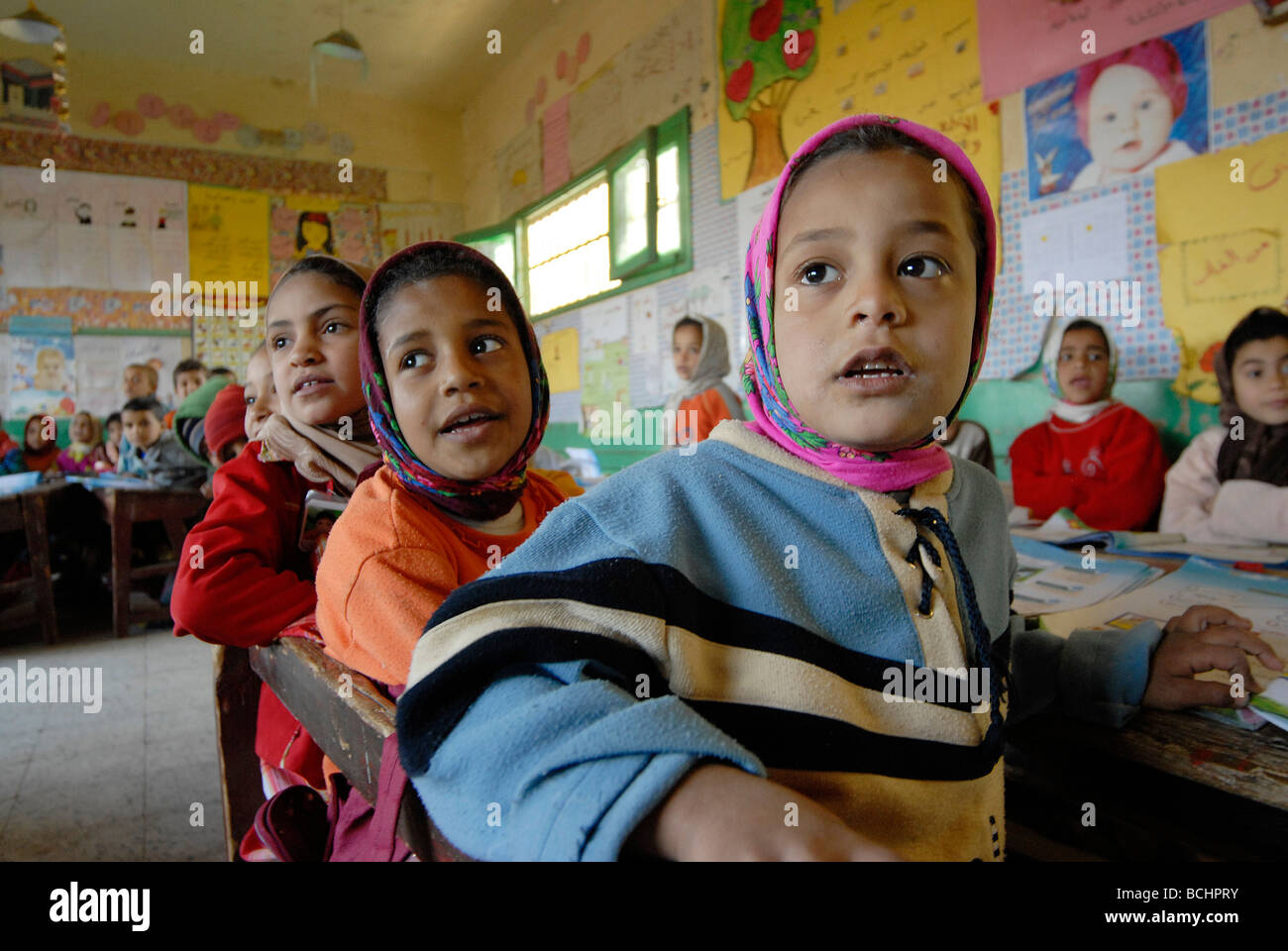 A crowded classroom at an elementary school in Sohag in Upper Egypt ...