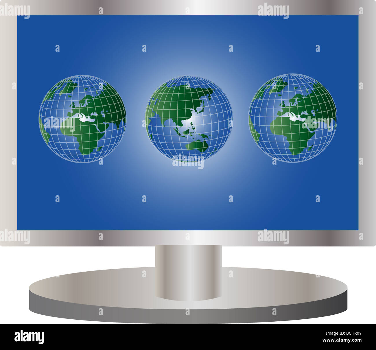 illustration of a silver plasma tv with globe Stock Photo - Alamy