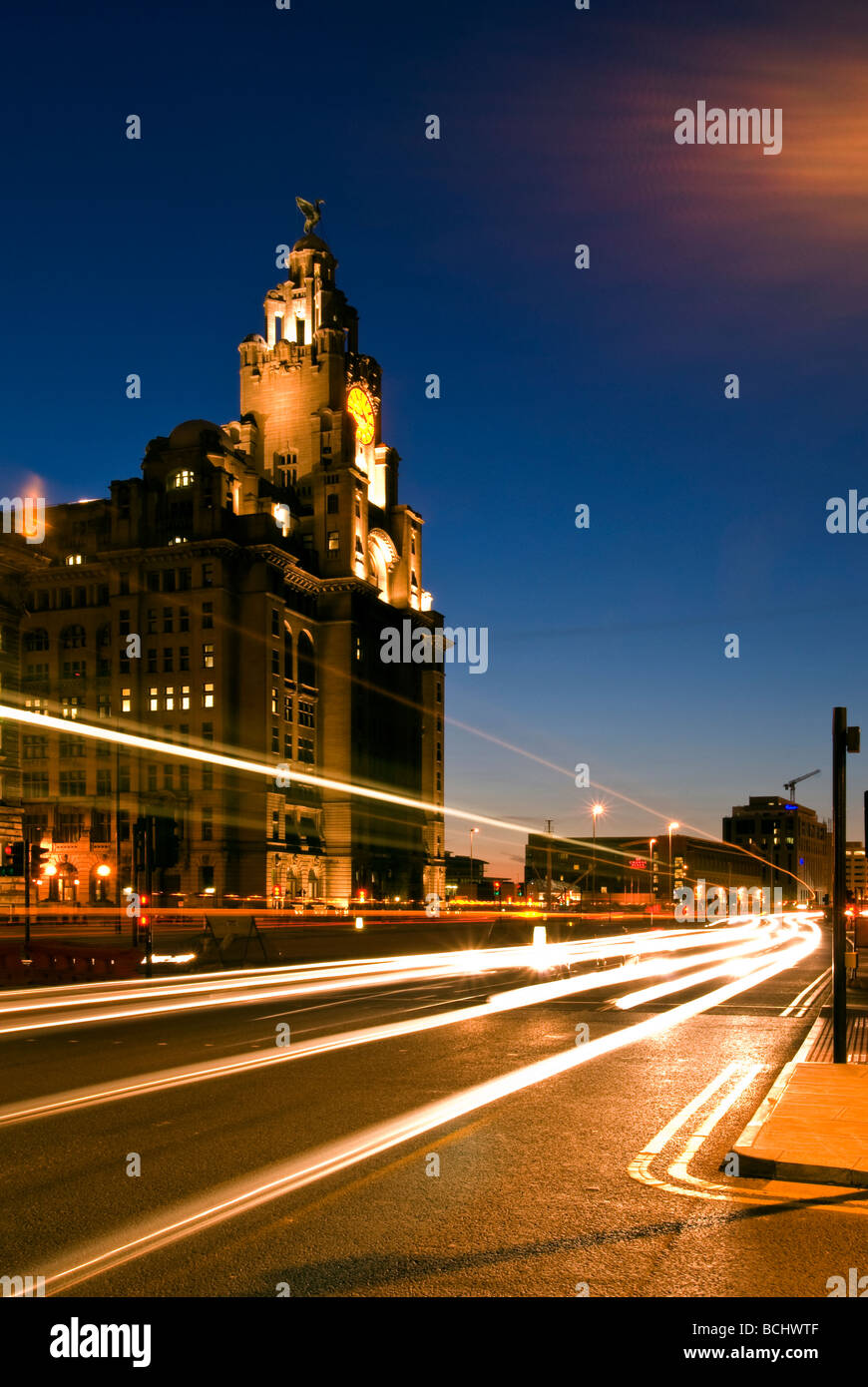 Liver building and traffic light trails, Liverpool, England, UK Stock ...
