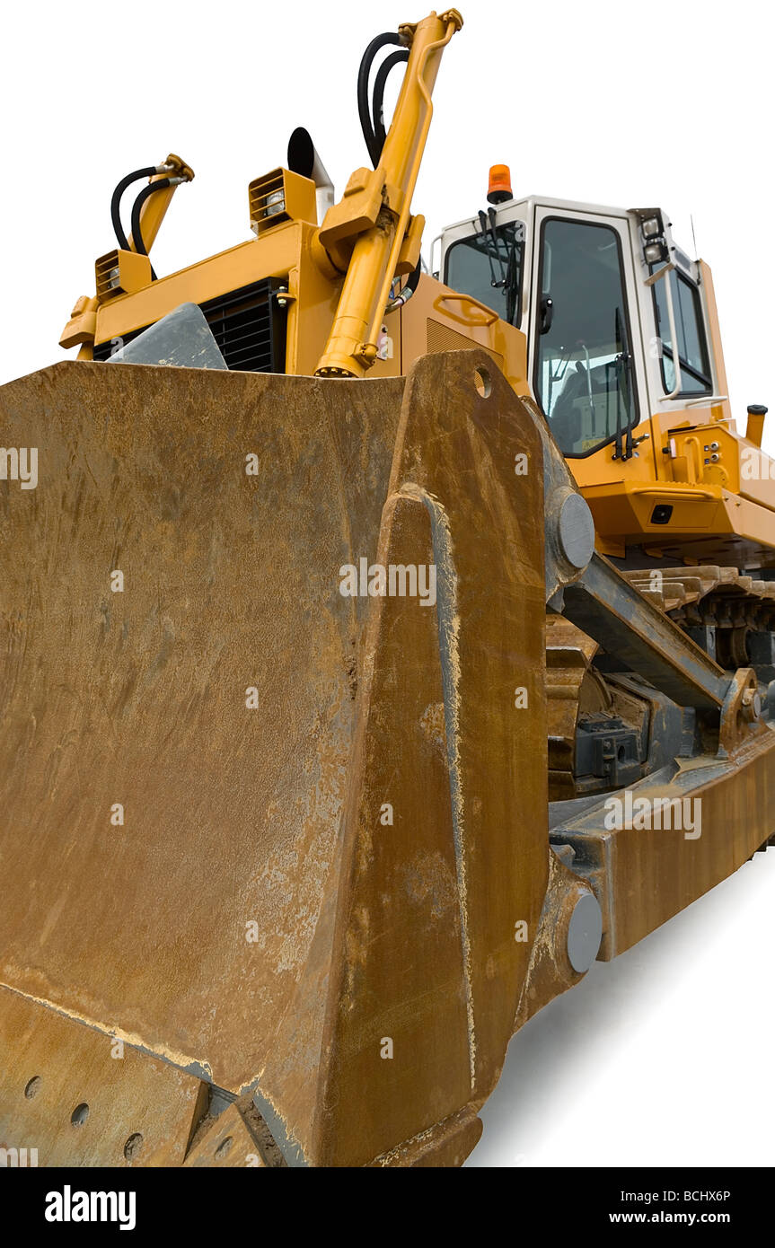 Yellow wheel excavator with bucket beam isolated over white. With ...