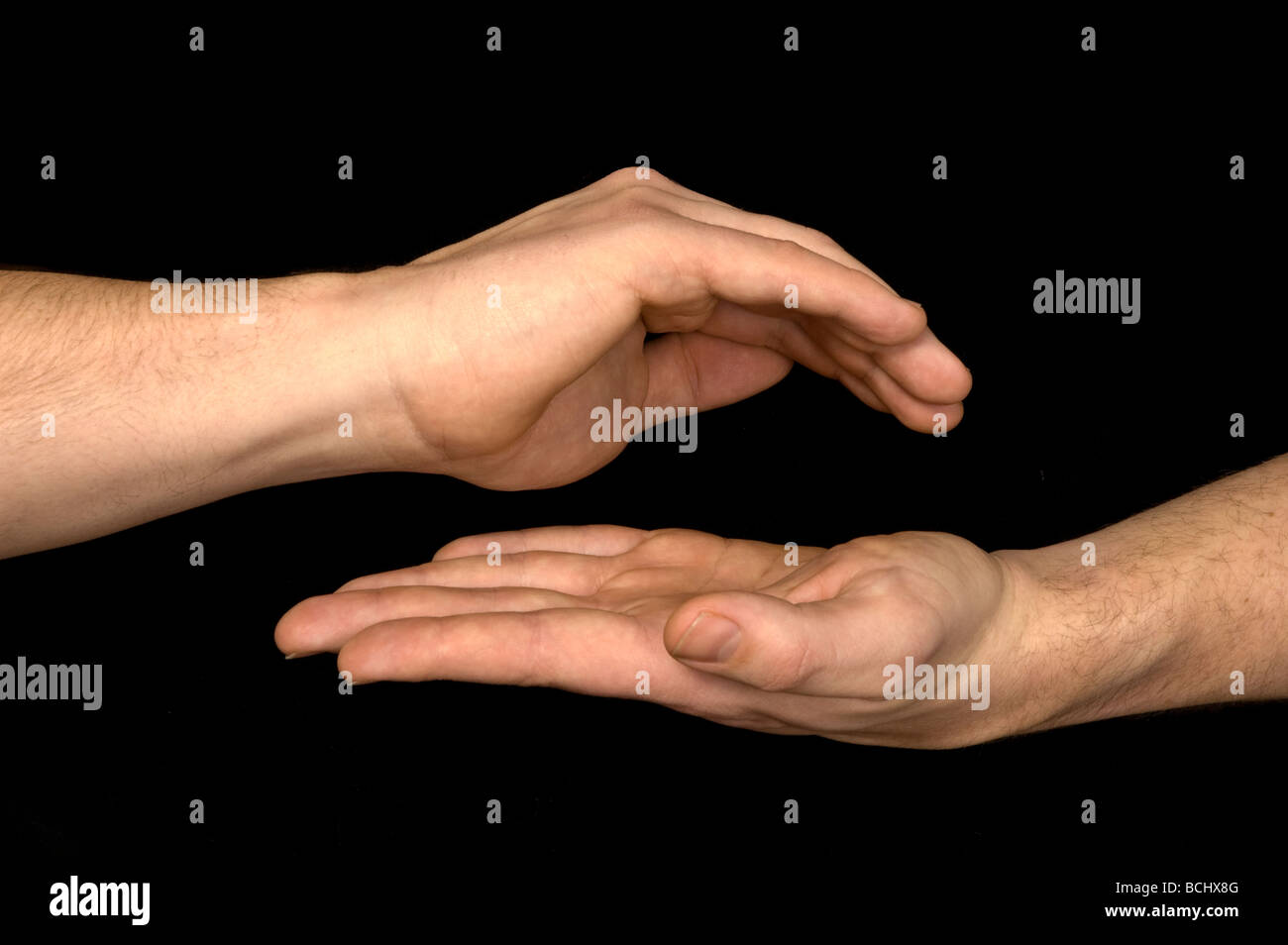 male hands enclosing and encompassing and cupping against black Stock ...