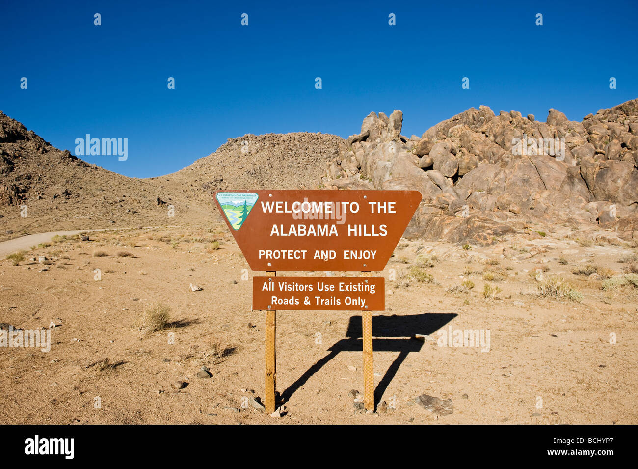 Information sign at entrance of Alabama HIlls, California Stock Photo ...