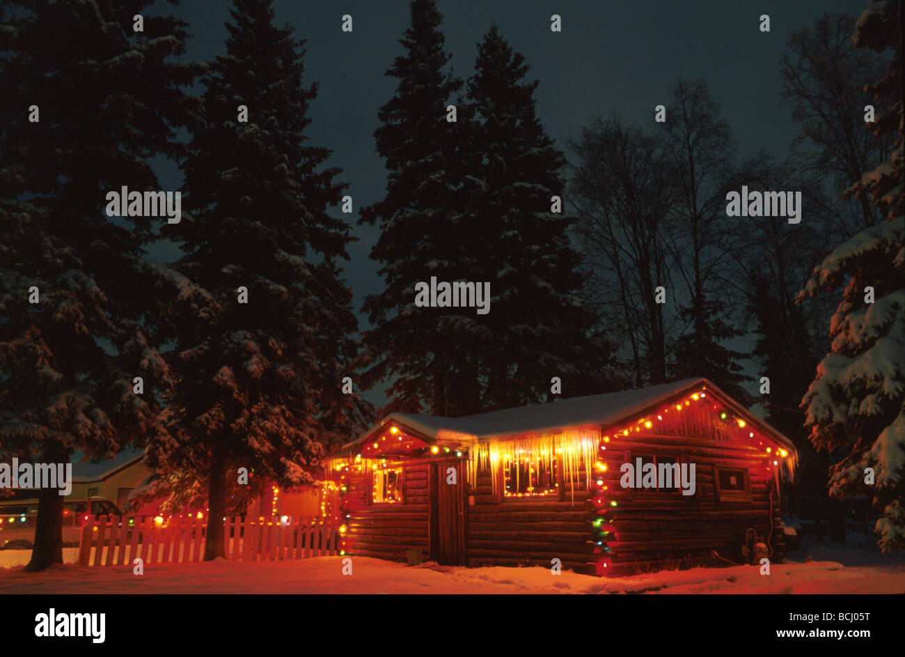 Log Cabin with Christmas Lights Southcentral AK winter scenic Stock ...