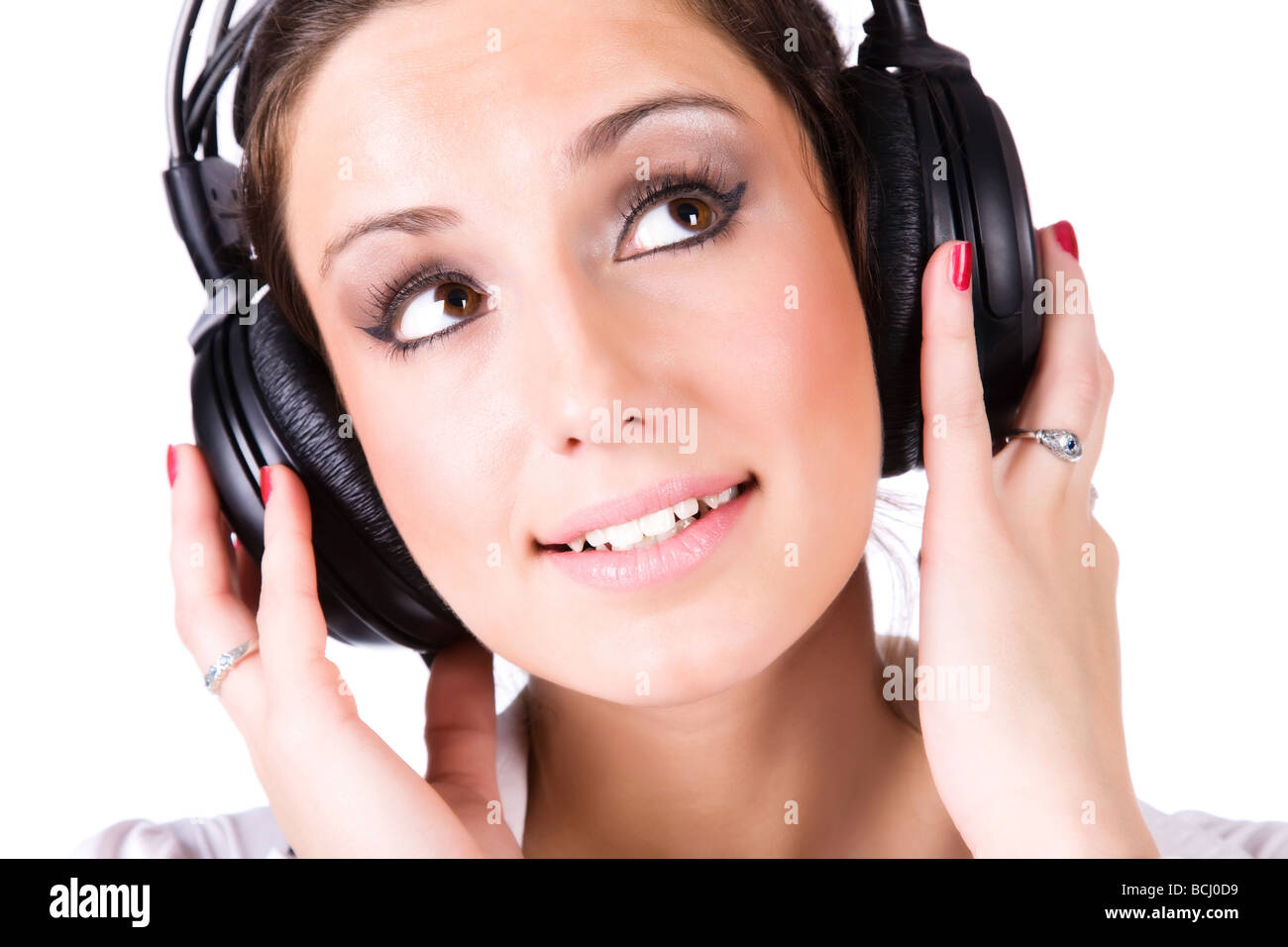 Young woman with big headphones Isolated on white Stock Photo - Alamy