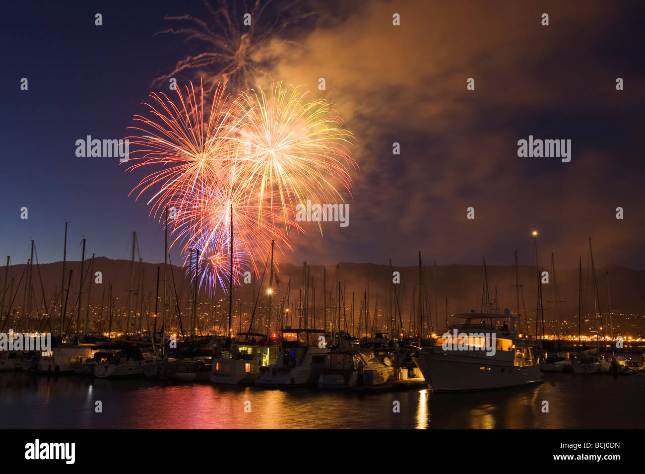 Fourth of July Fireworks over harbor, Santa Barbara, California Stock ...