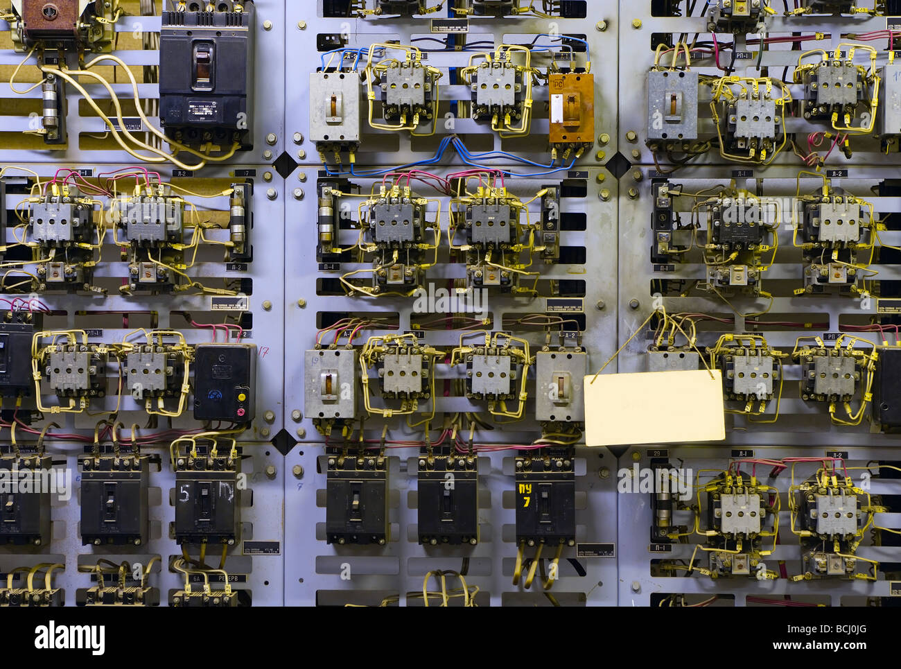 electric service panel with many switches automatons and breakers ...