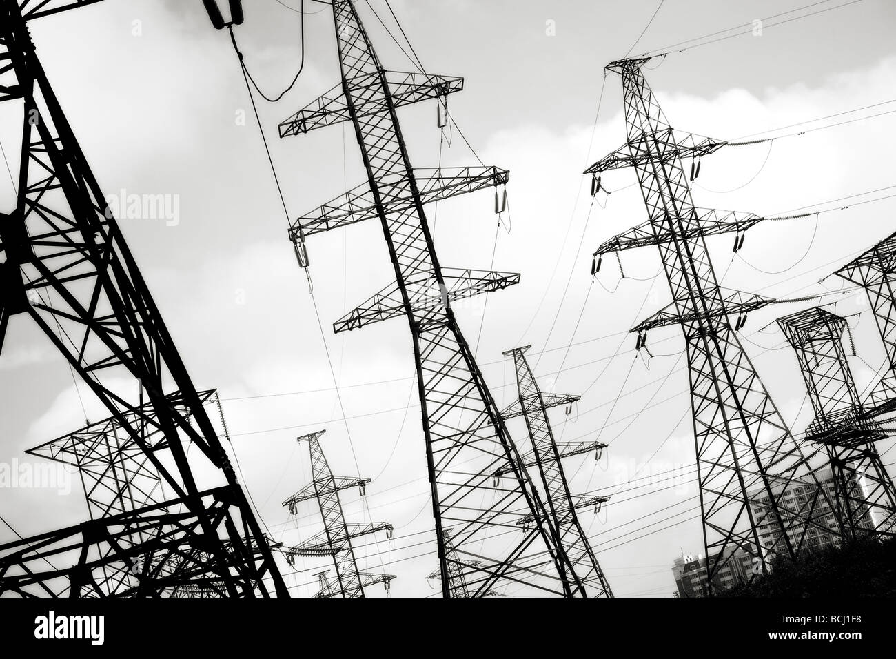 Electric power line Black and white concept Stock Photo - Alamy