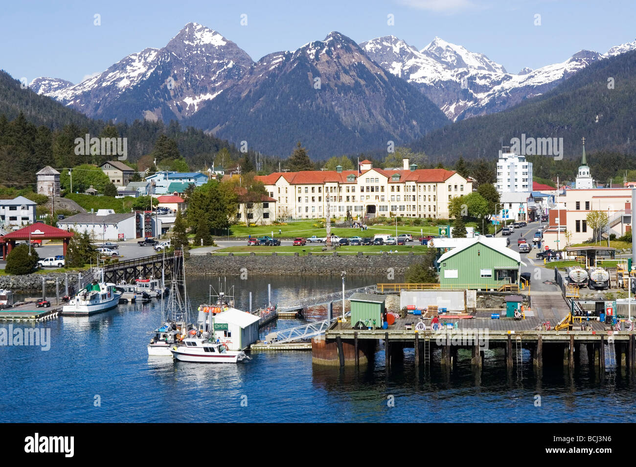 Aerial view of Sitka and the Pioneer Home with Sitka Channel and dock in the foreground Alaska ...