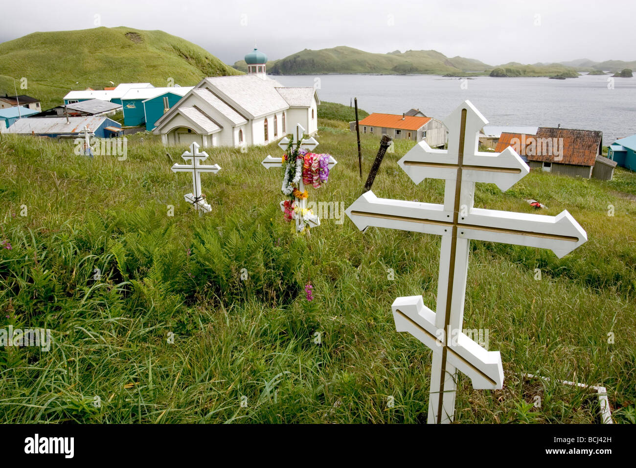 View of Russian Orthodox Church & Community of Atka AK SW Summer Stock ...