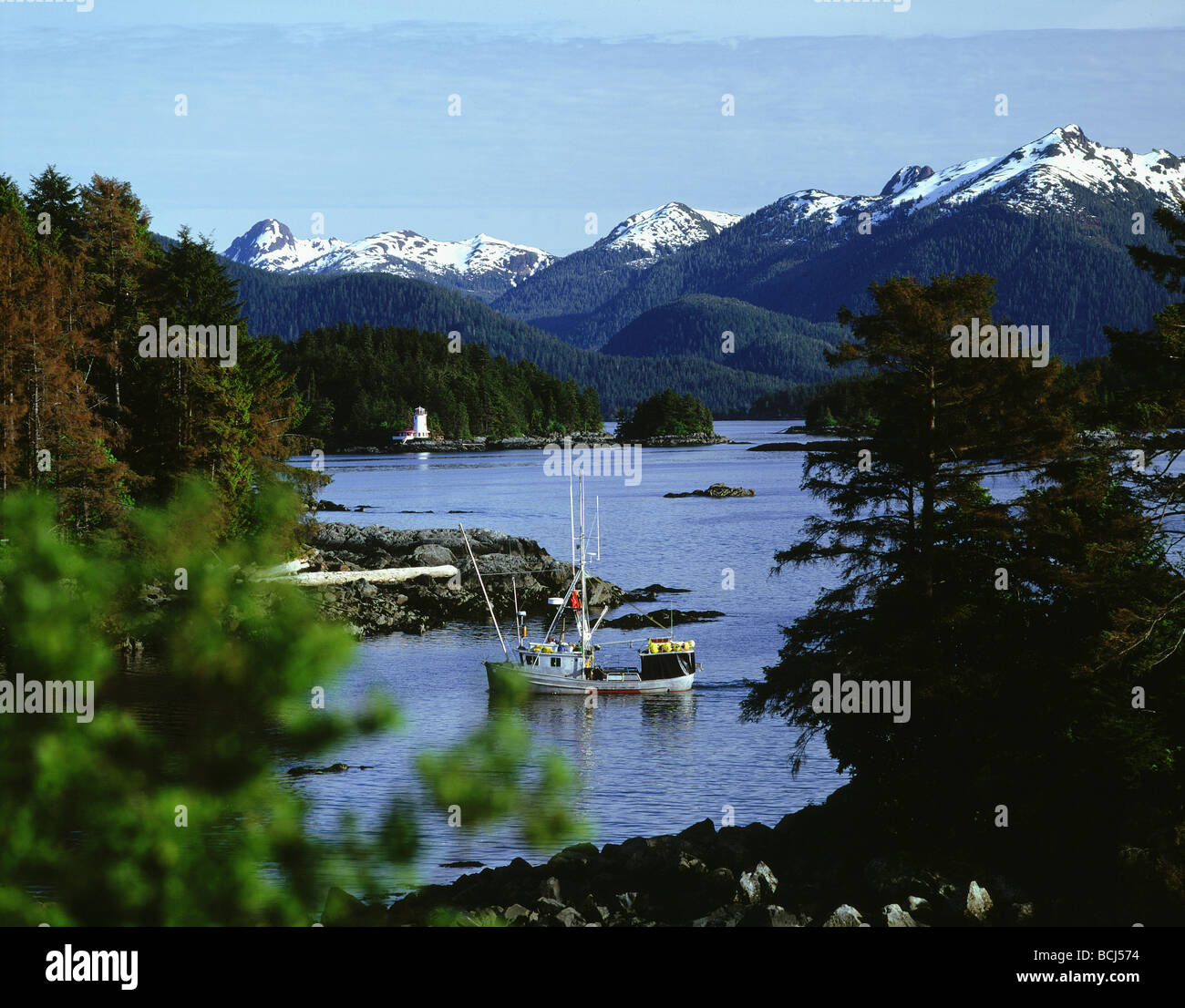 Fishing Boat Sitka Sound Lighthouse Southeast AK summer scenic Stock ...