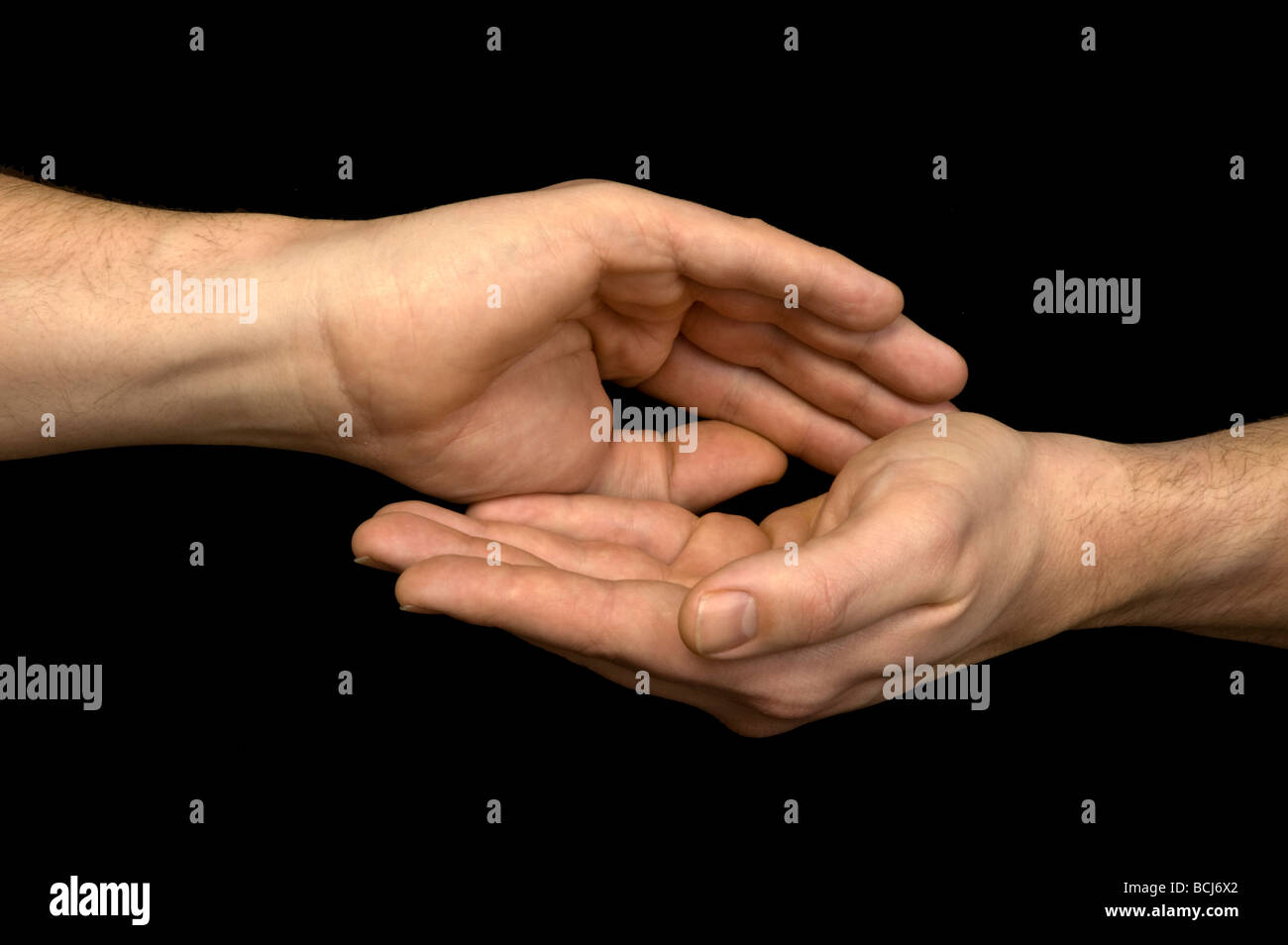 male hands enclosing and encompassing and cupping against black Stock ...