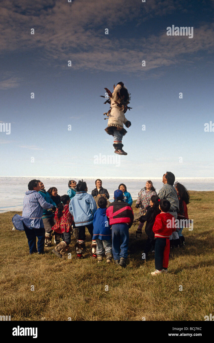 Summer portrait of Inupiat Eskimos doing the Blanket Toss Barrow Arctic ...