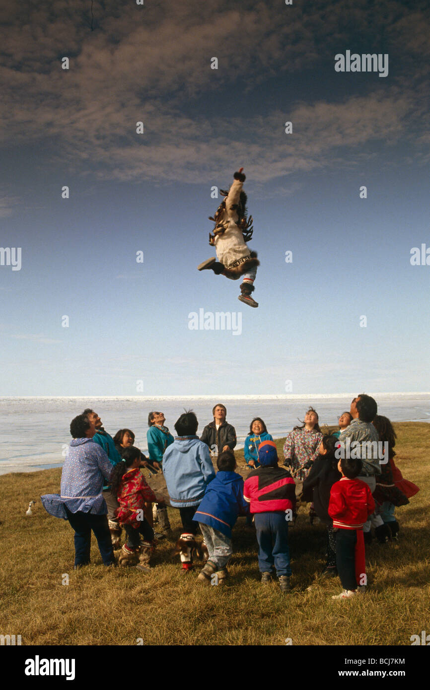 Summer portrait of Inupiat Eskimos doing the Blanket Toss Barrow Arctic ...