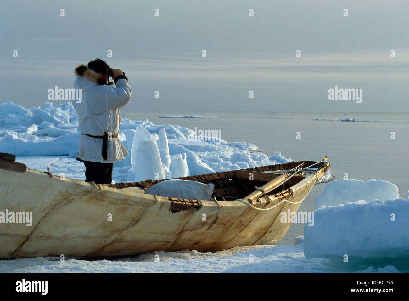 Native Hunter w/ Skin Boat Looking for Whales Barrow AK Stock Photo - Alamy