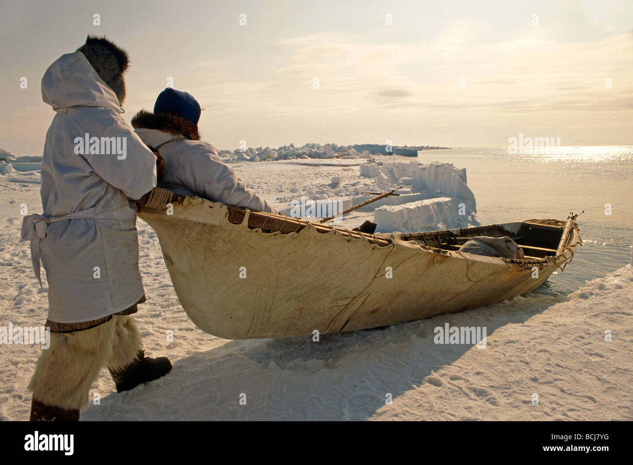 Native Hunters w/ Skin Boat Looking for Whales Barrow AK Stock Photo ...
