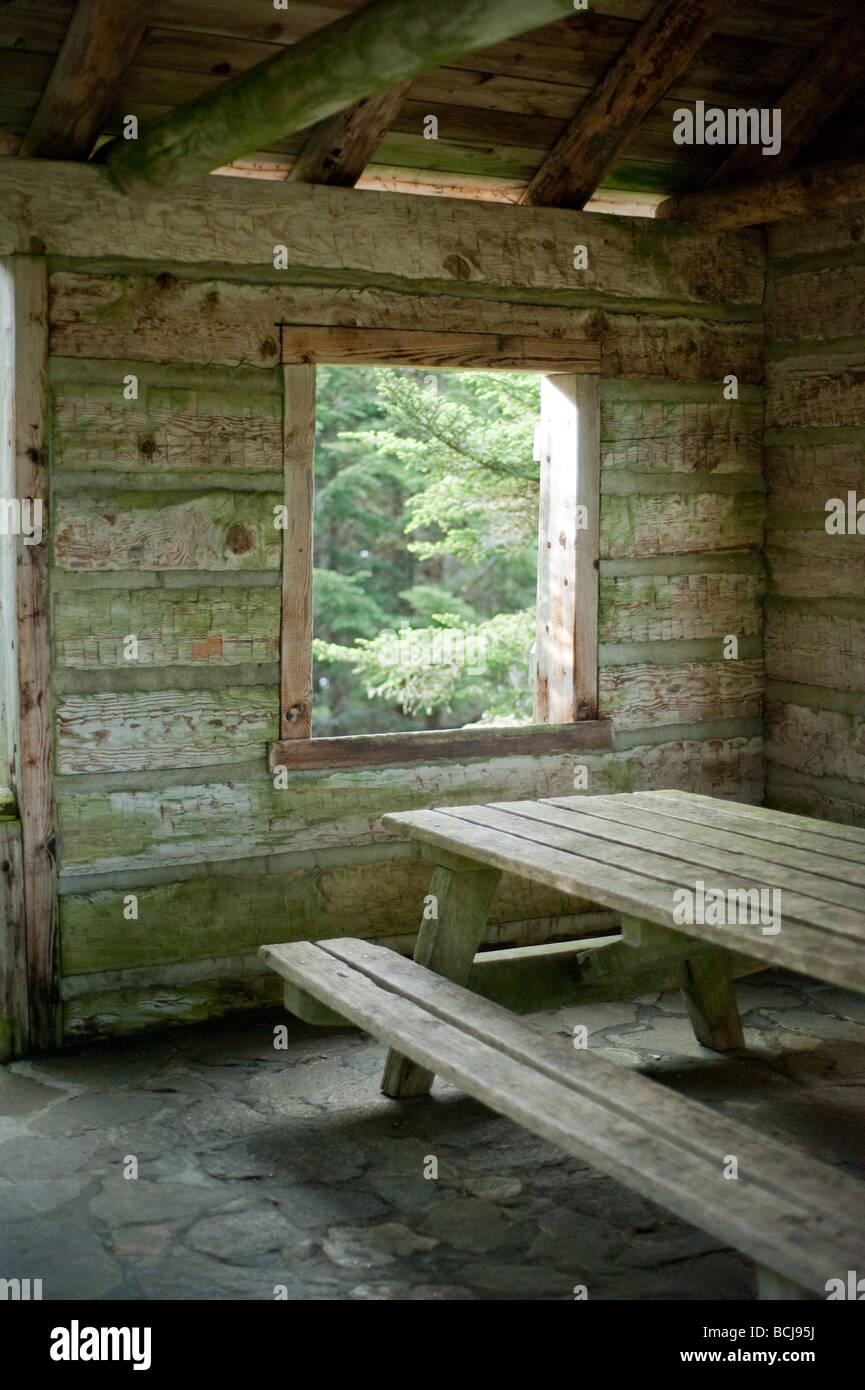 open window in log cabin in the mountains with a picnic table sitting ...