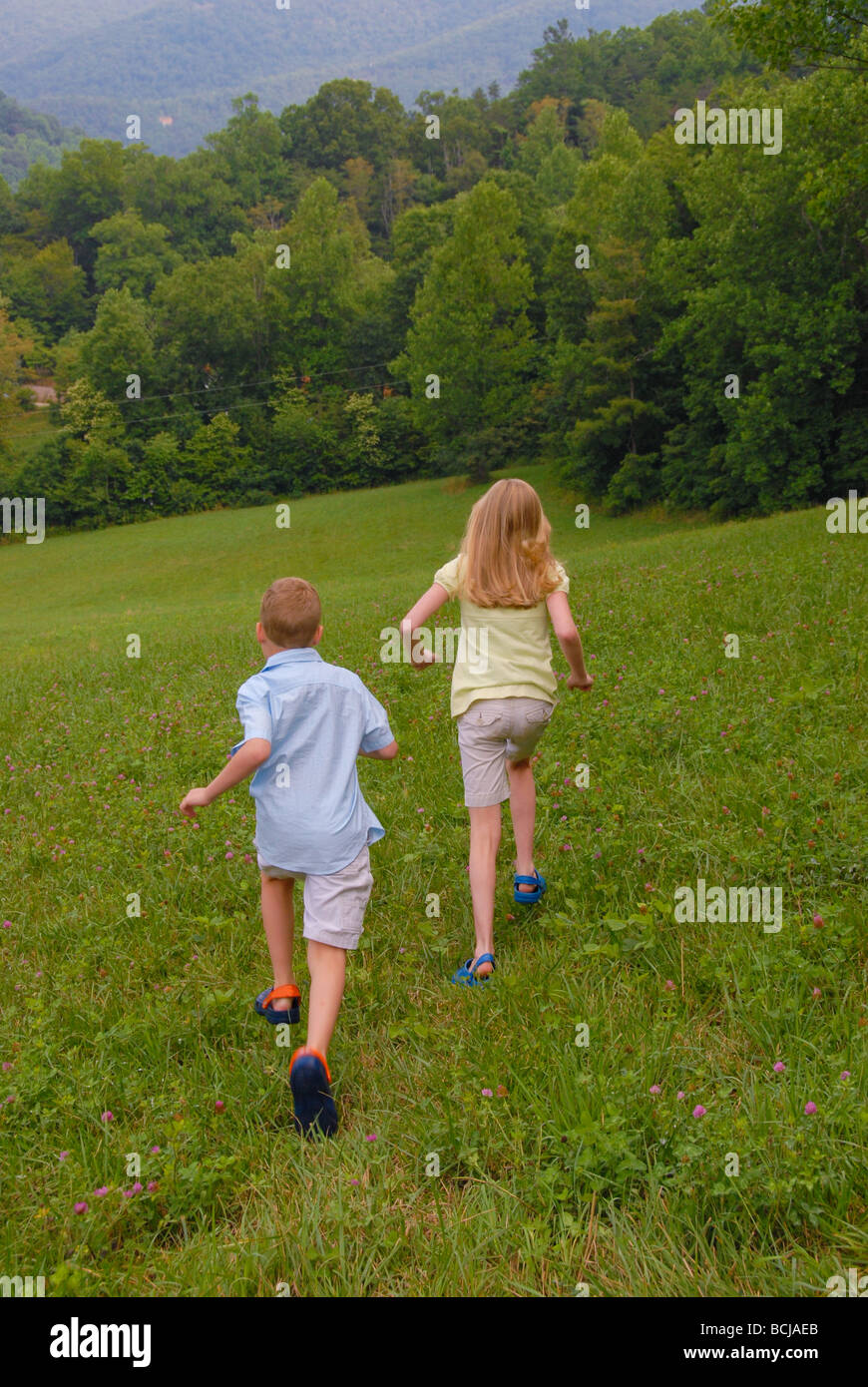 brother and sister chasing each other in a green field in the mountains ...