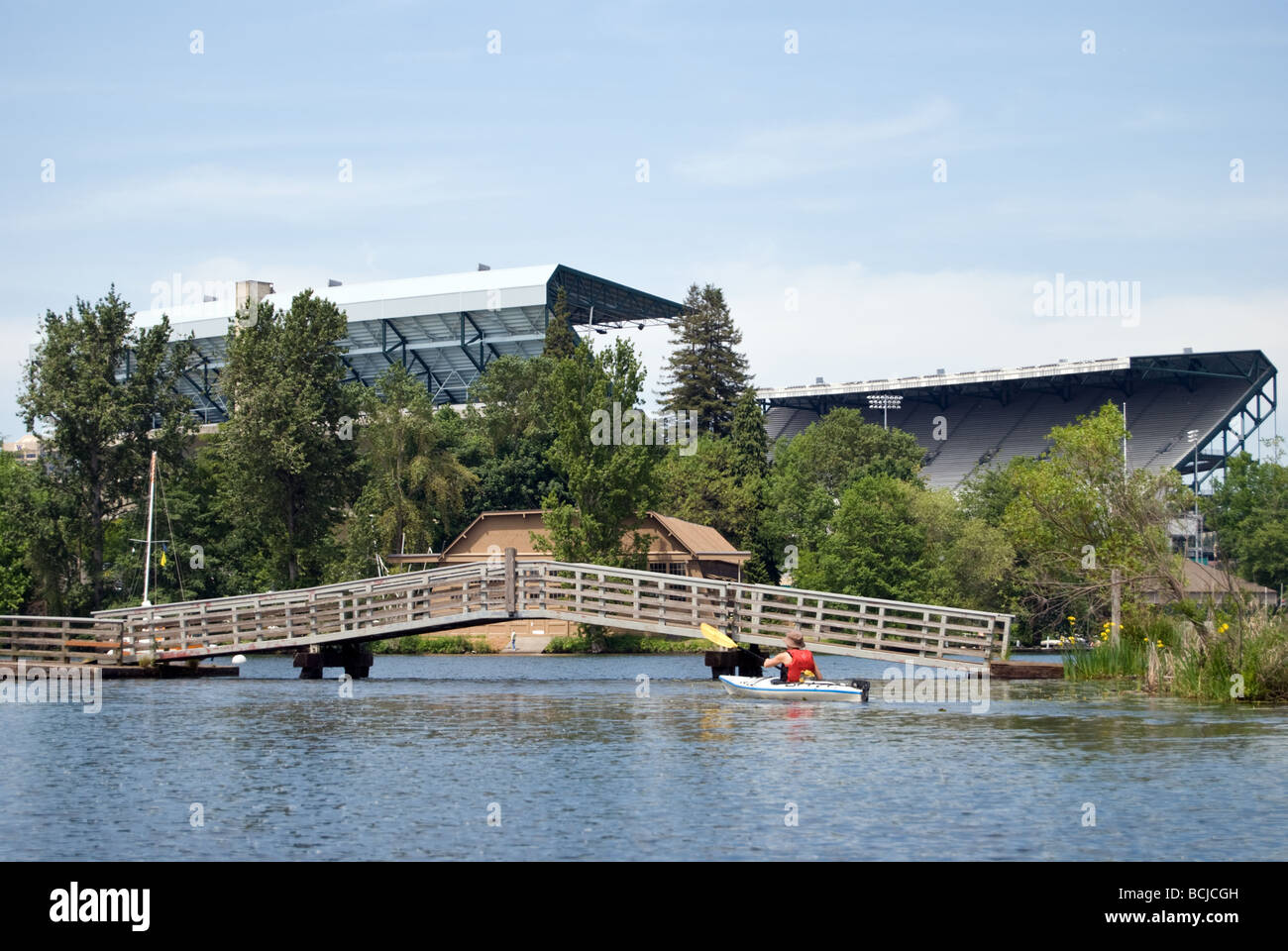 Kayaking near Husky Stadium in Seattle's Lake Washington Stock Photo ...