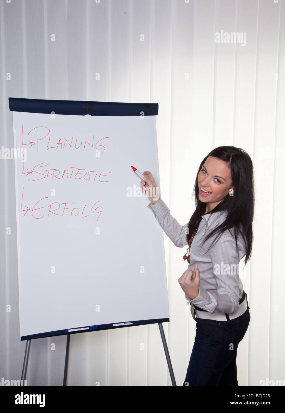 Young women in a business coaching explains model of success Stock ...