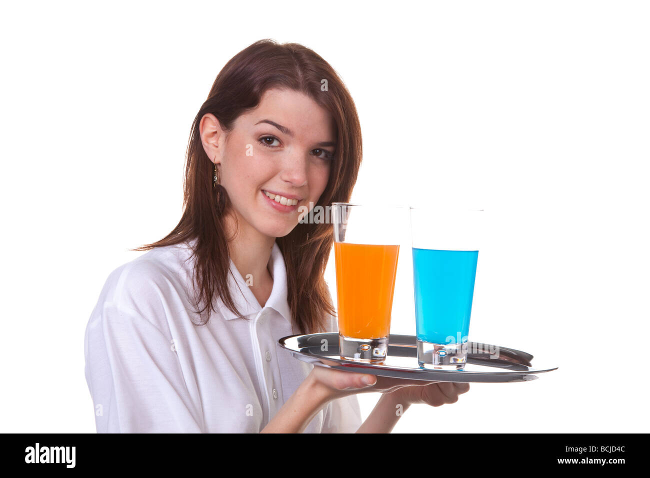 Young woman as a waitress serves drinks on a tray Stock Photo - Alamy