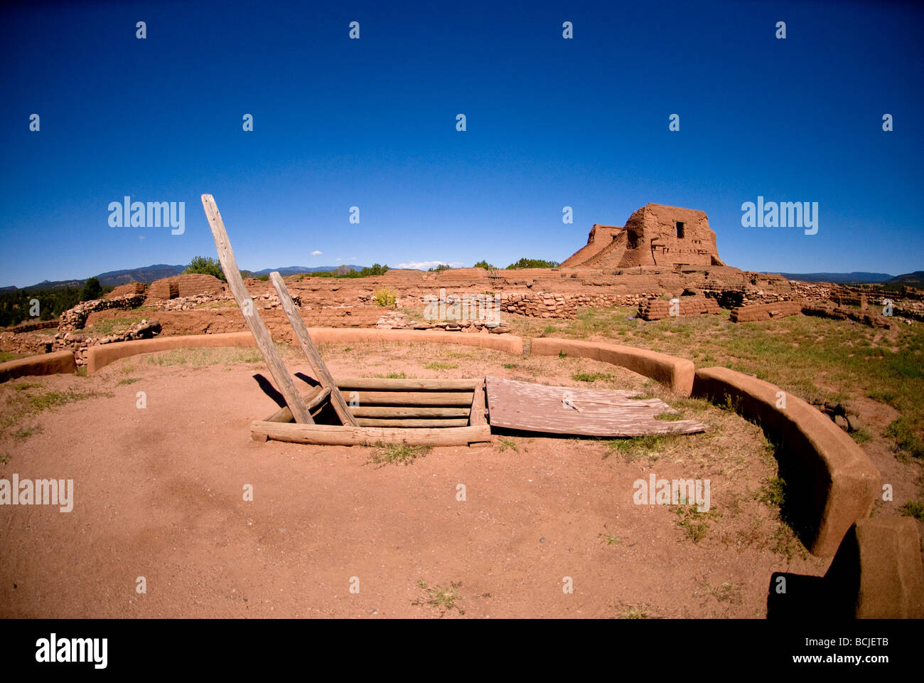 Wide angle view of a Kiva in the Pecos ruins of Pecos wilderness near ...