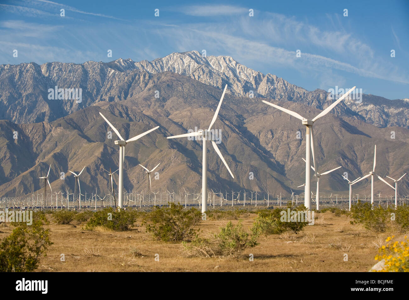 Energy generating windmills in desert with snow capped San Jacinto ...
