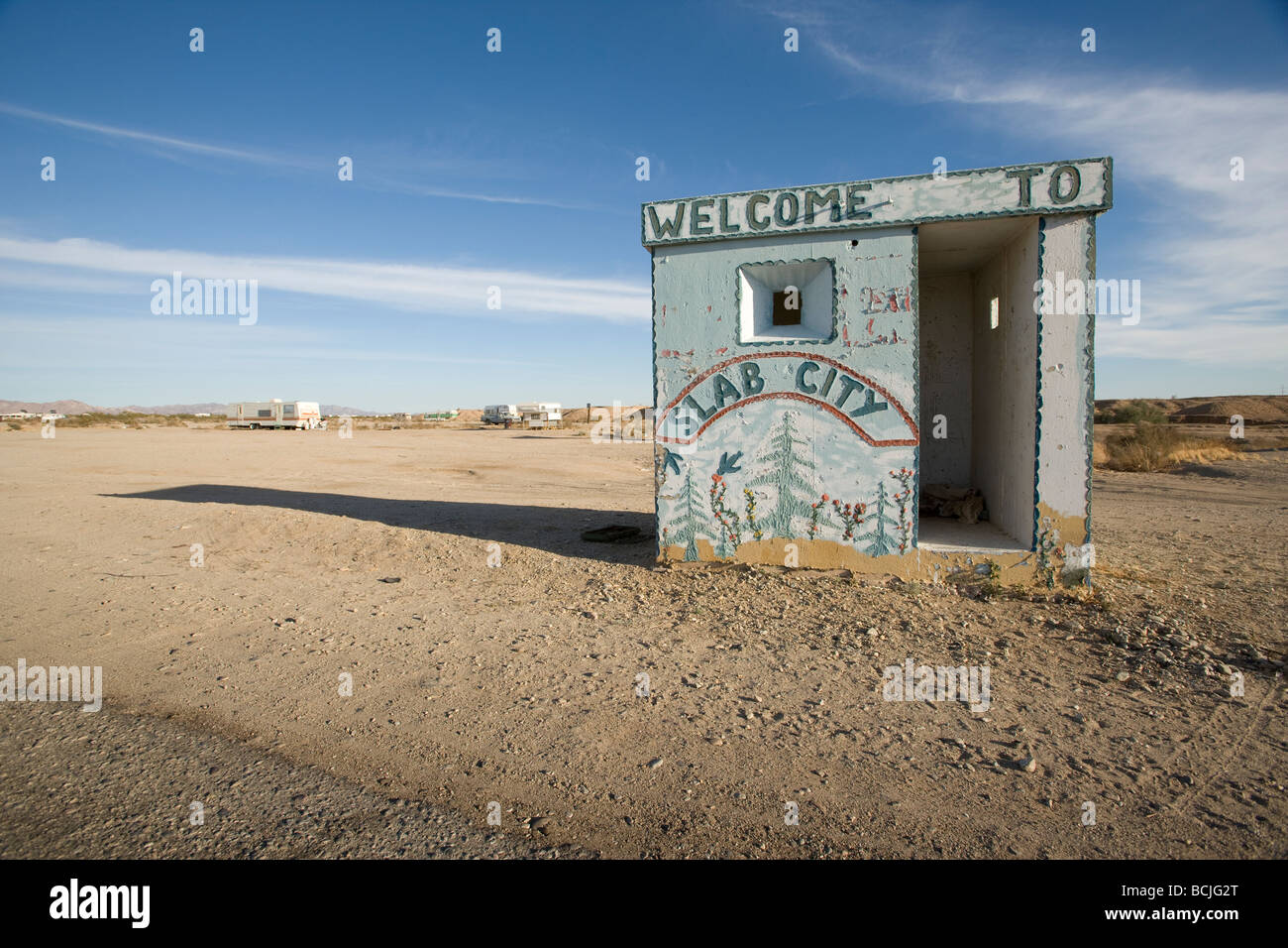 Concrete building remnant of closed military Camp Dunlap with Welcome ...