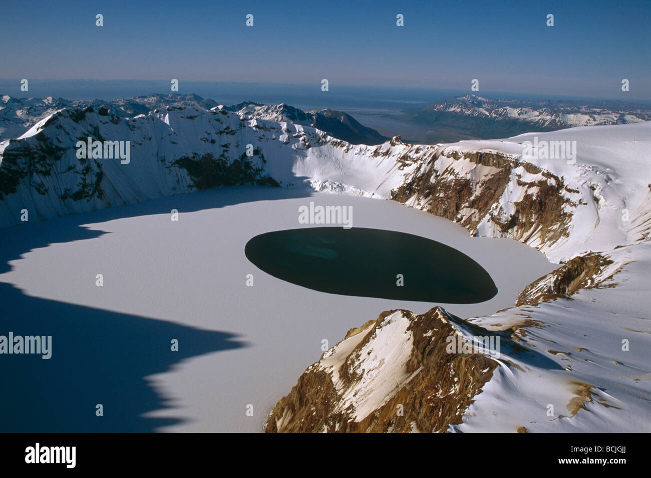 Aerial of Crater Lake atop Mount Katmai Trident Volcano Katmai National ...