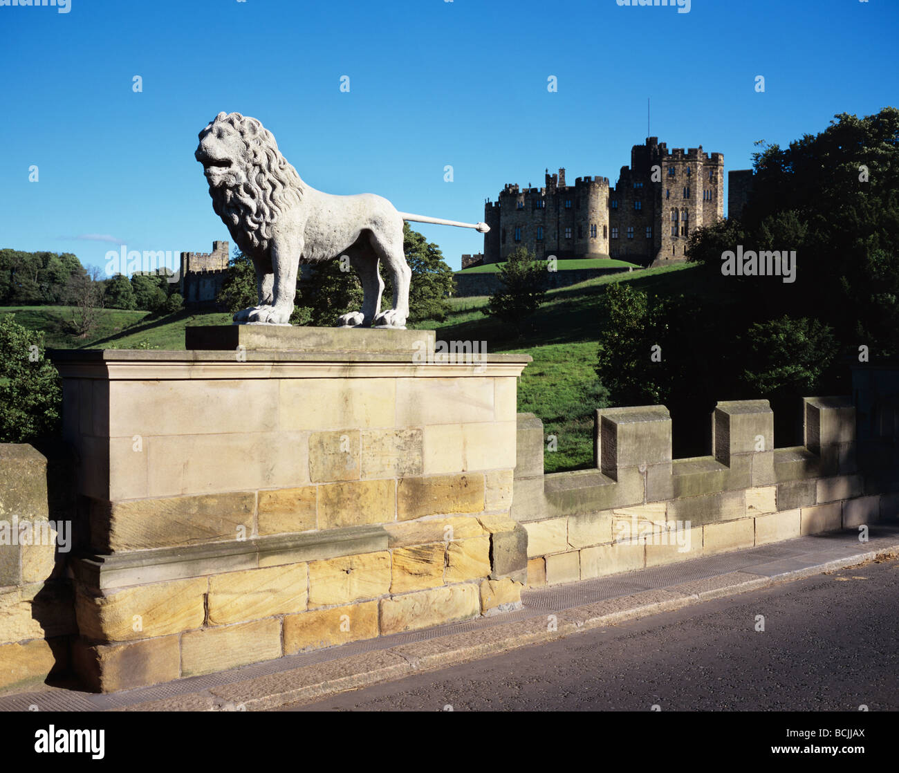View of Alnwick Castle from the Lion Bridge crossing the River Aln ...