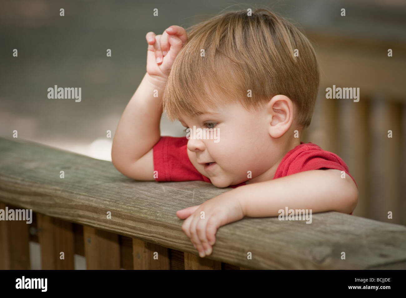 Little boy in red shirt with hands over deck railing Stock Photo - Alamy