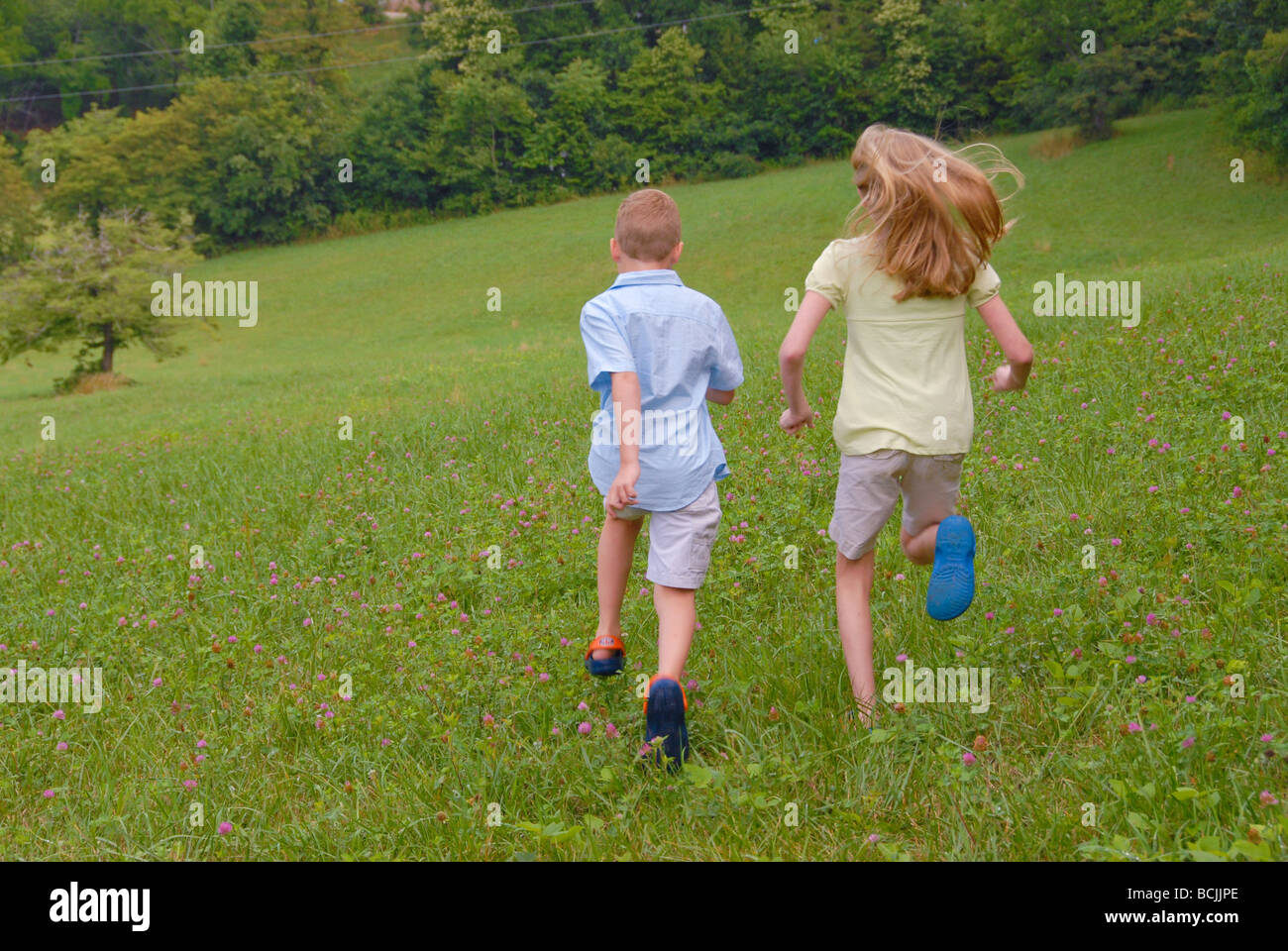 brother and sister running in a grassy field in the summer time Stock ...